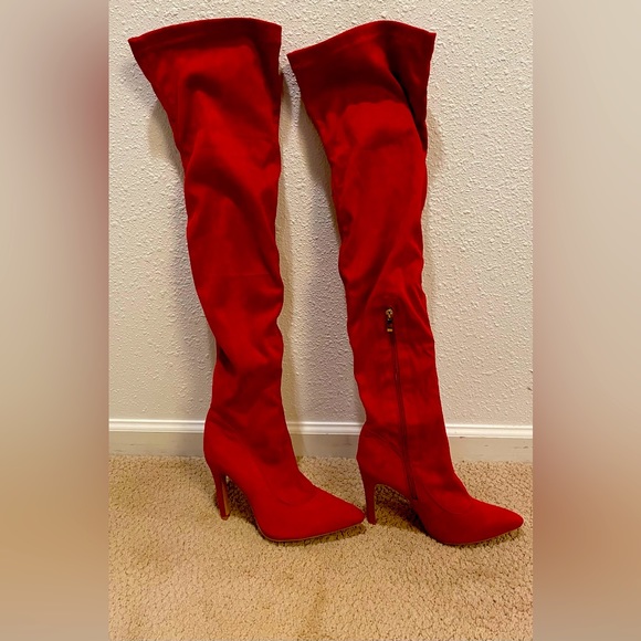 Shoes | Thigh High Red Faux Suede Stiletto Boots Size 95 | Poshmark